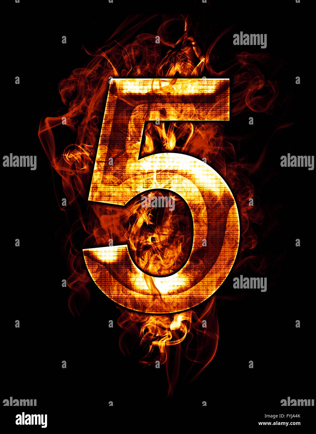 five, illustration of number with chrome effects and red fire on black ...