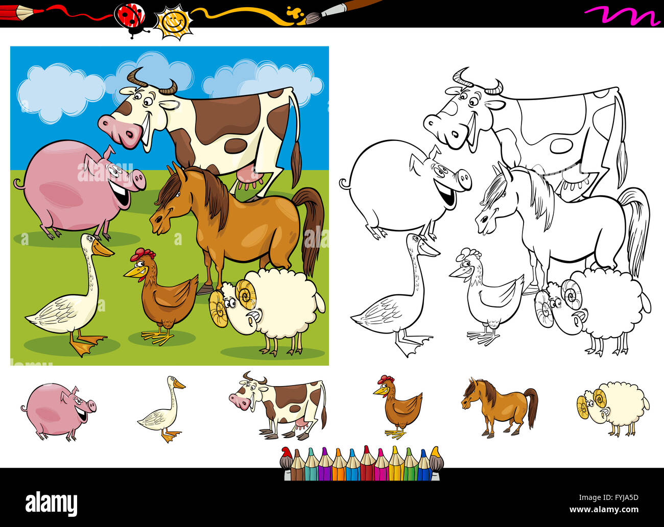 farm animals coloring page set Stock Photo - Alamy