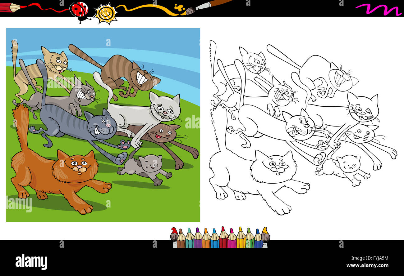running cats cartoon coloring page Stock Photo - Alamy