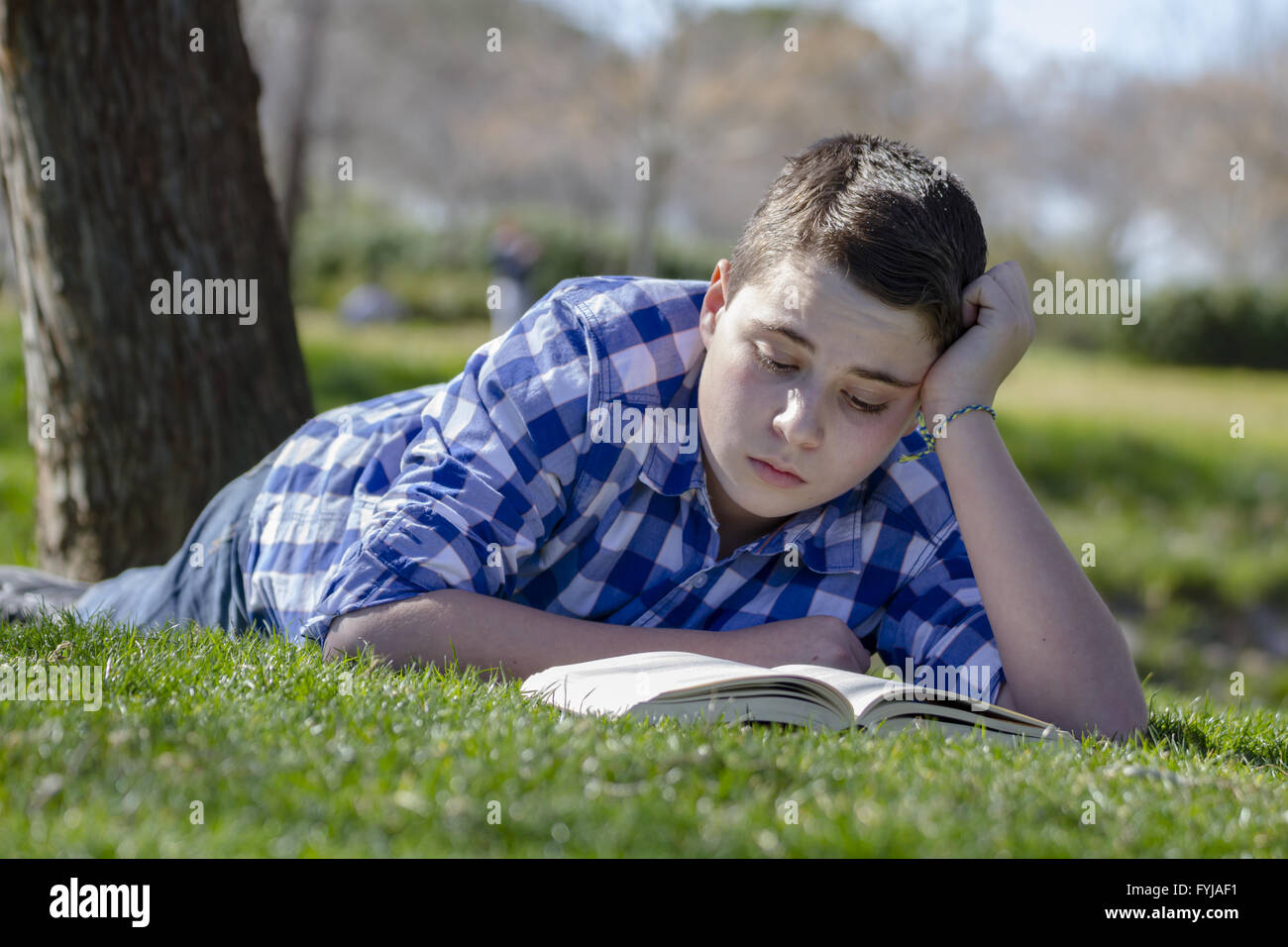Young boy reading a book in the woods with shallow depth of field and ...