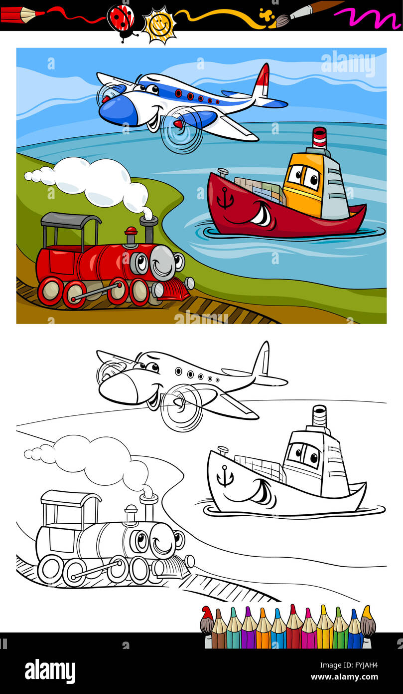 cartoon plane train ship coloring page Stock Photo - Alamy