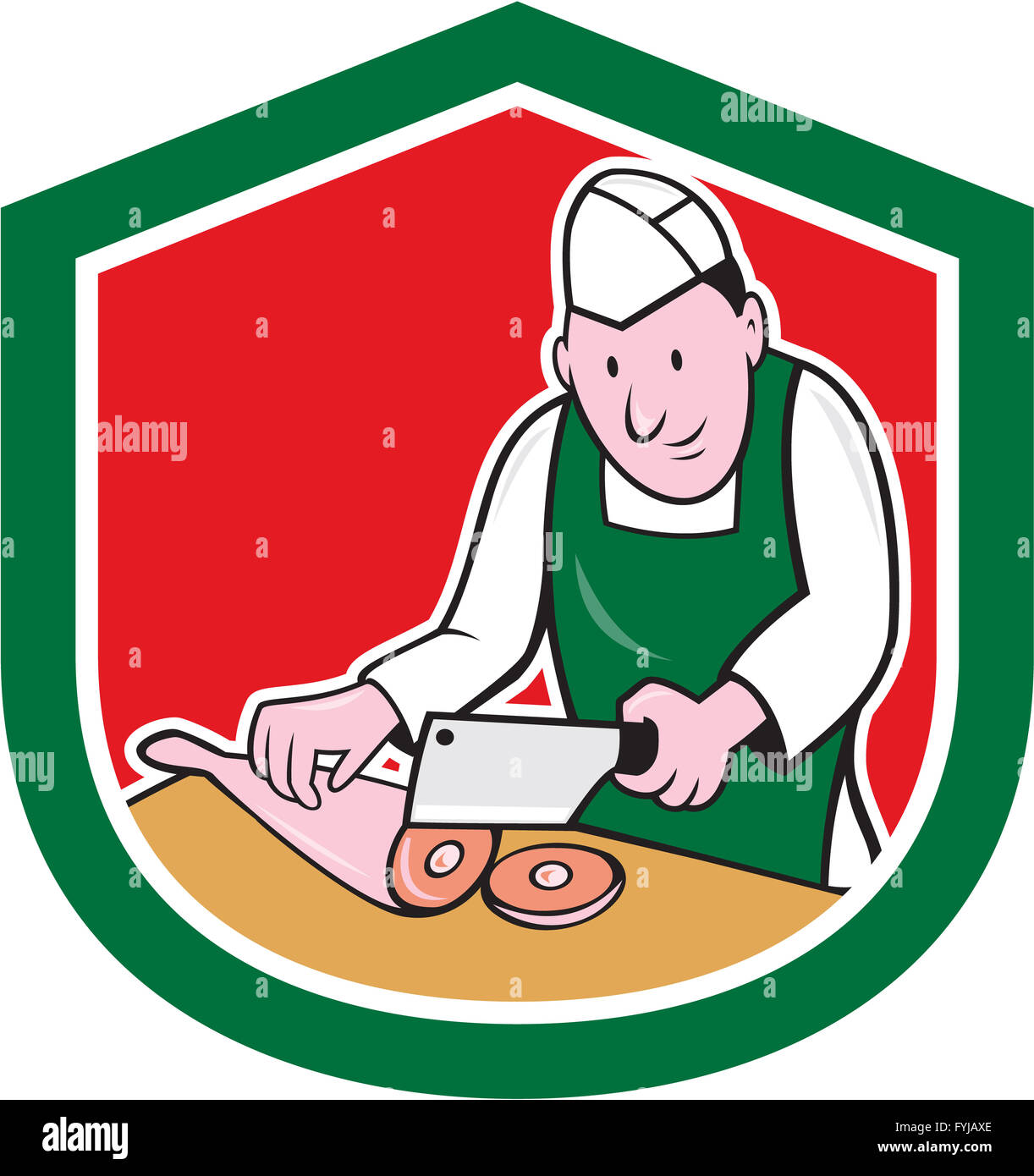 Butcher Chopping Meat Shield Cartoon Stock Photo - Alamy