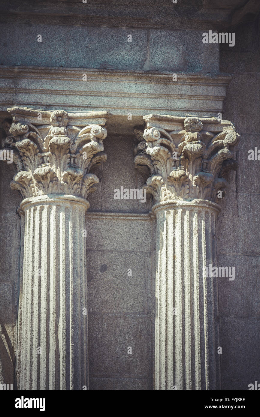 Temple, Corinthian capitals, stone columns in old building in Spain ...