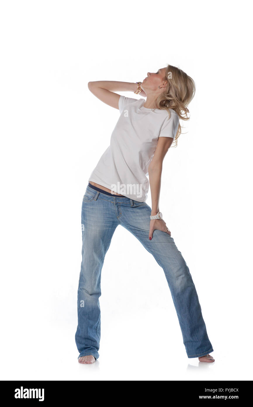 pretty blond women dancing on white background Stock Photo - Alamy