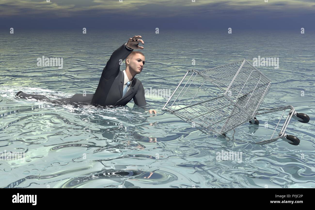 Businessman and shopping cart sinking - 3D render Stock Photo - Alamy