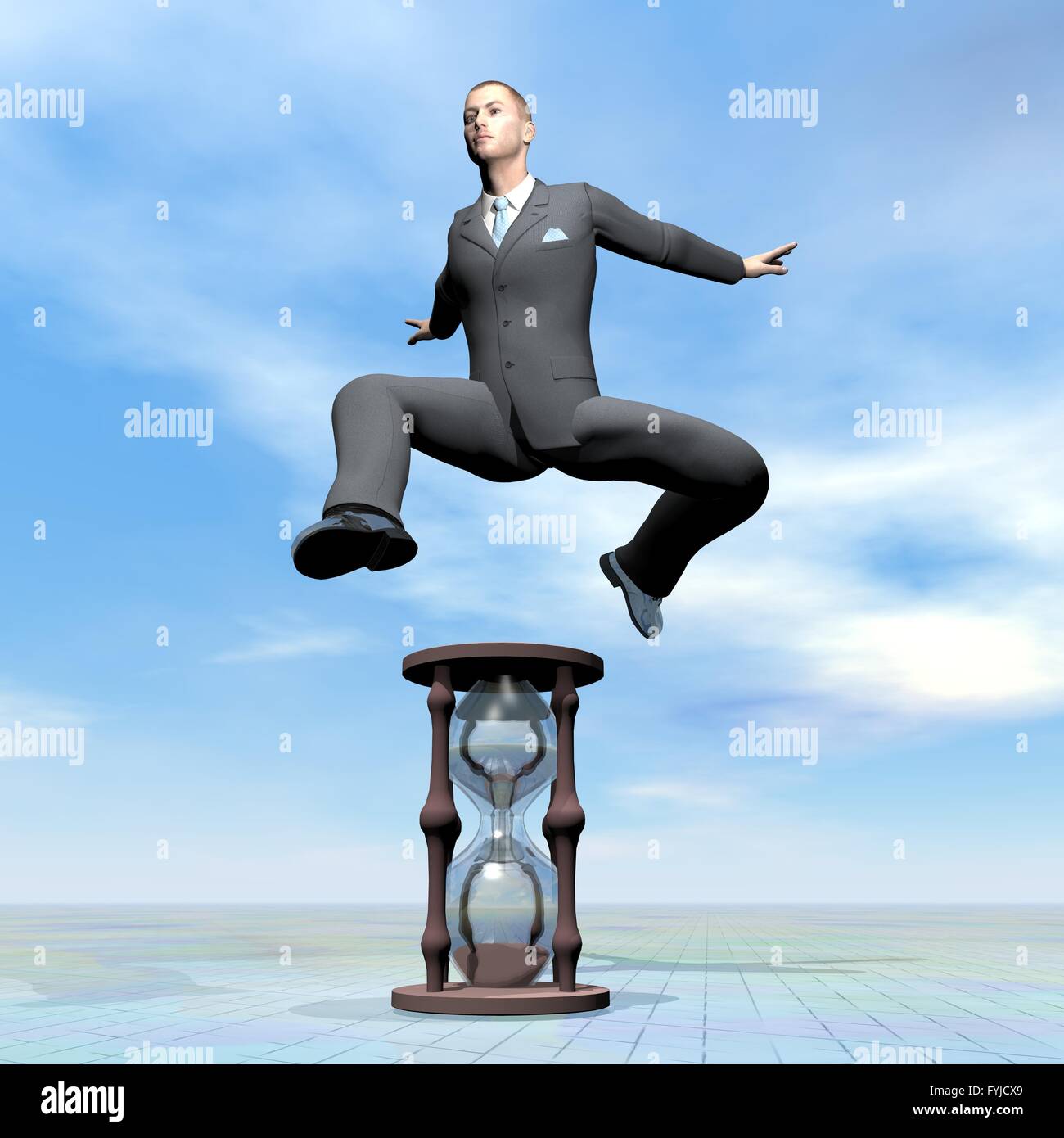 Businessman jumping upon hourglass - 3D render Stock Photo - Alamy