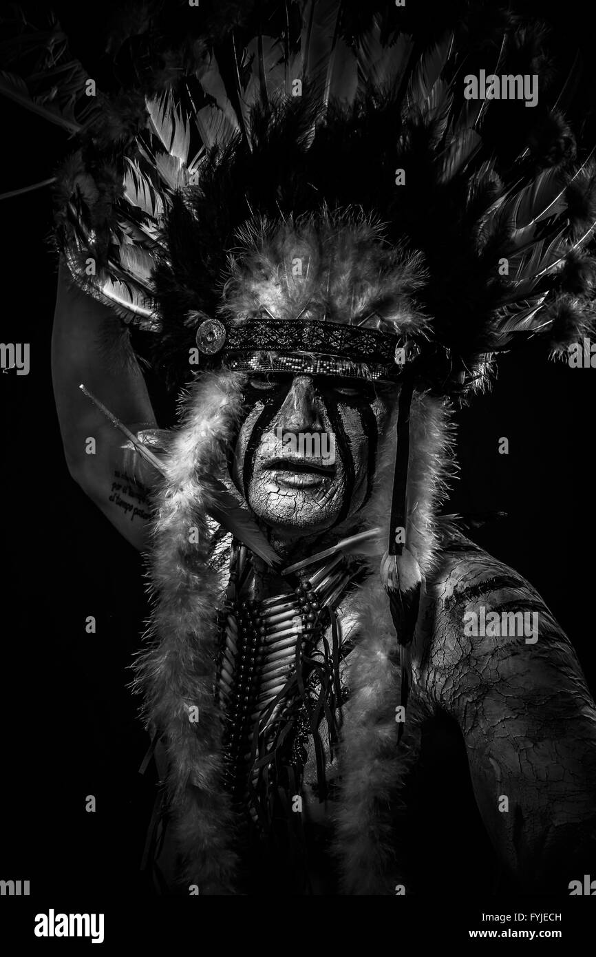 traditional Native, American Indian chief with big feather headdress ...