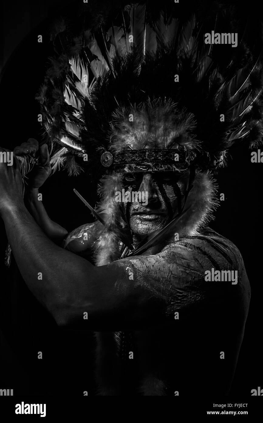 War Native, American Indian chief with big feather headdress Stock ...