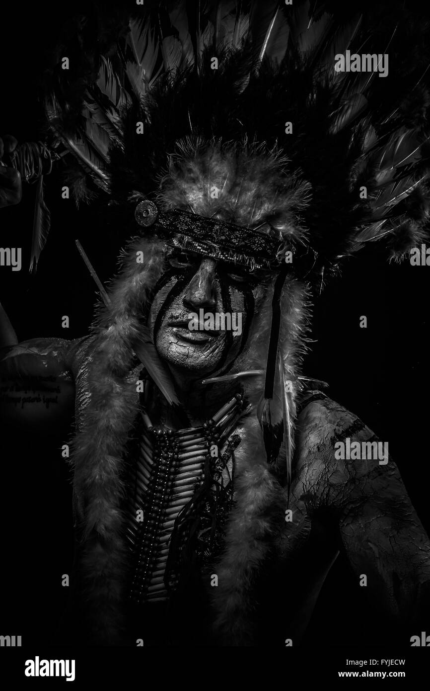 traditional Native, American Indian chief with big feather headdress ...