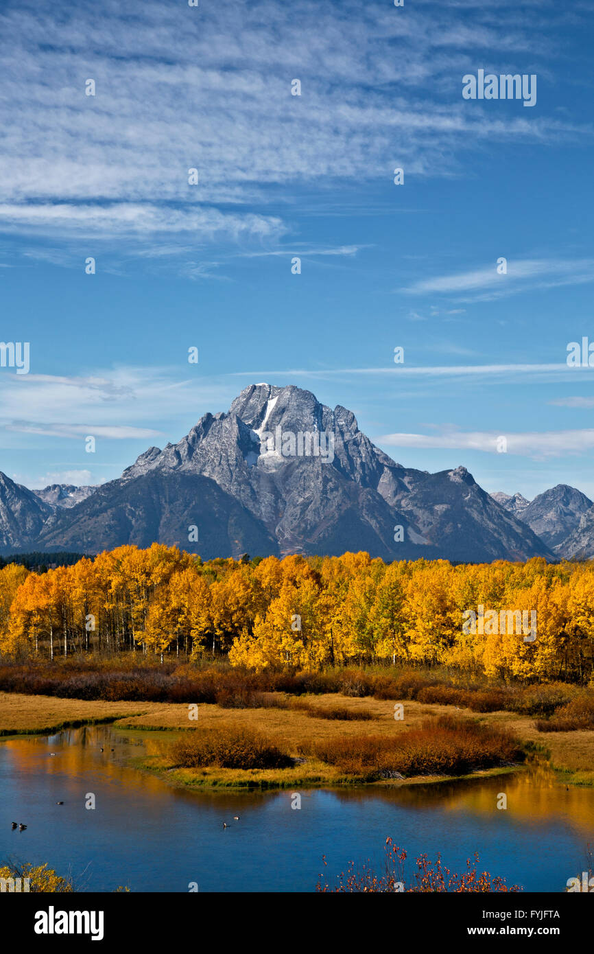 WYOMING - Mount Moran and aspen trees in fall color from the Snake ...