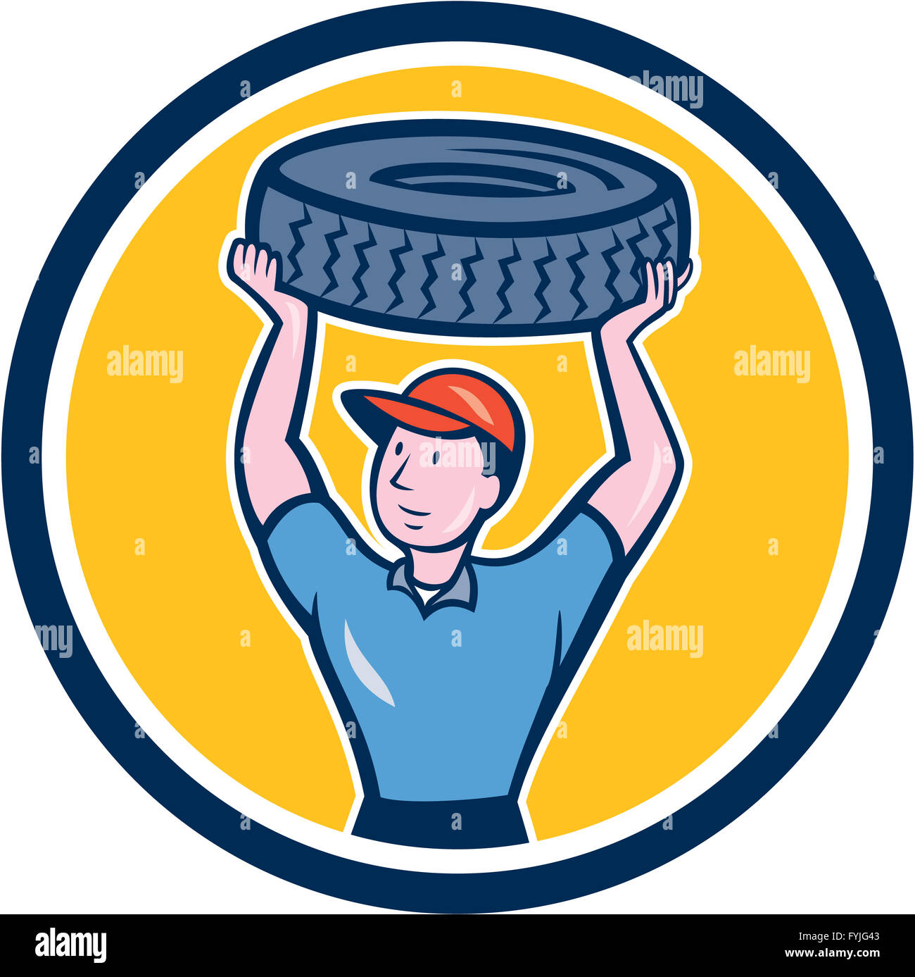 Tireman Mechanic With Tire Cartoon Circle Stock Photo - Alamy