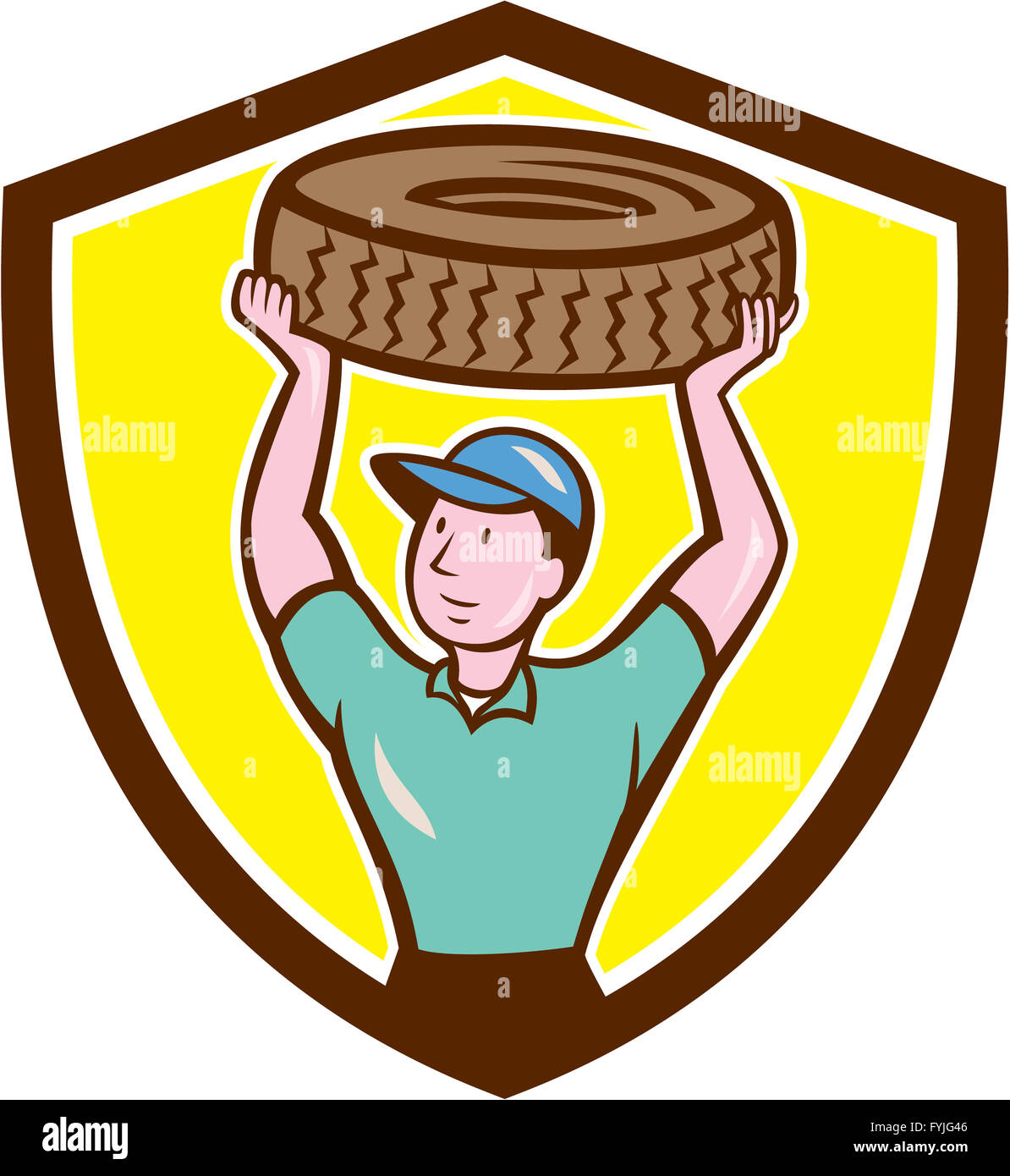 Tireman Mechanic With Tire Cartoon Shield Stock Photo - Alamy
