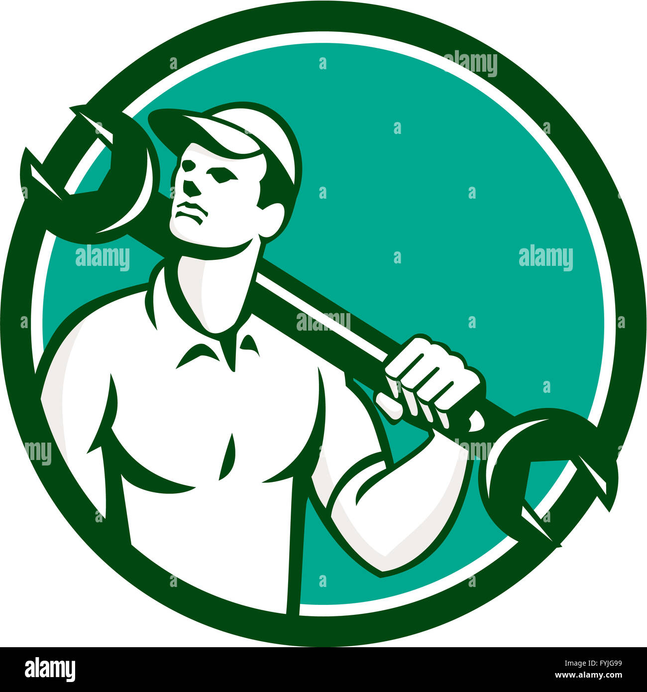 Mechanic Spanner Wrench Looking Up Retro Stock Photo - Alamy