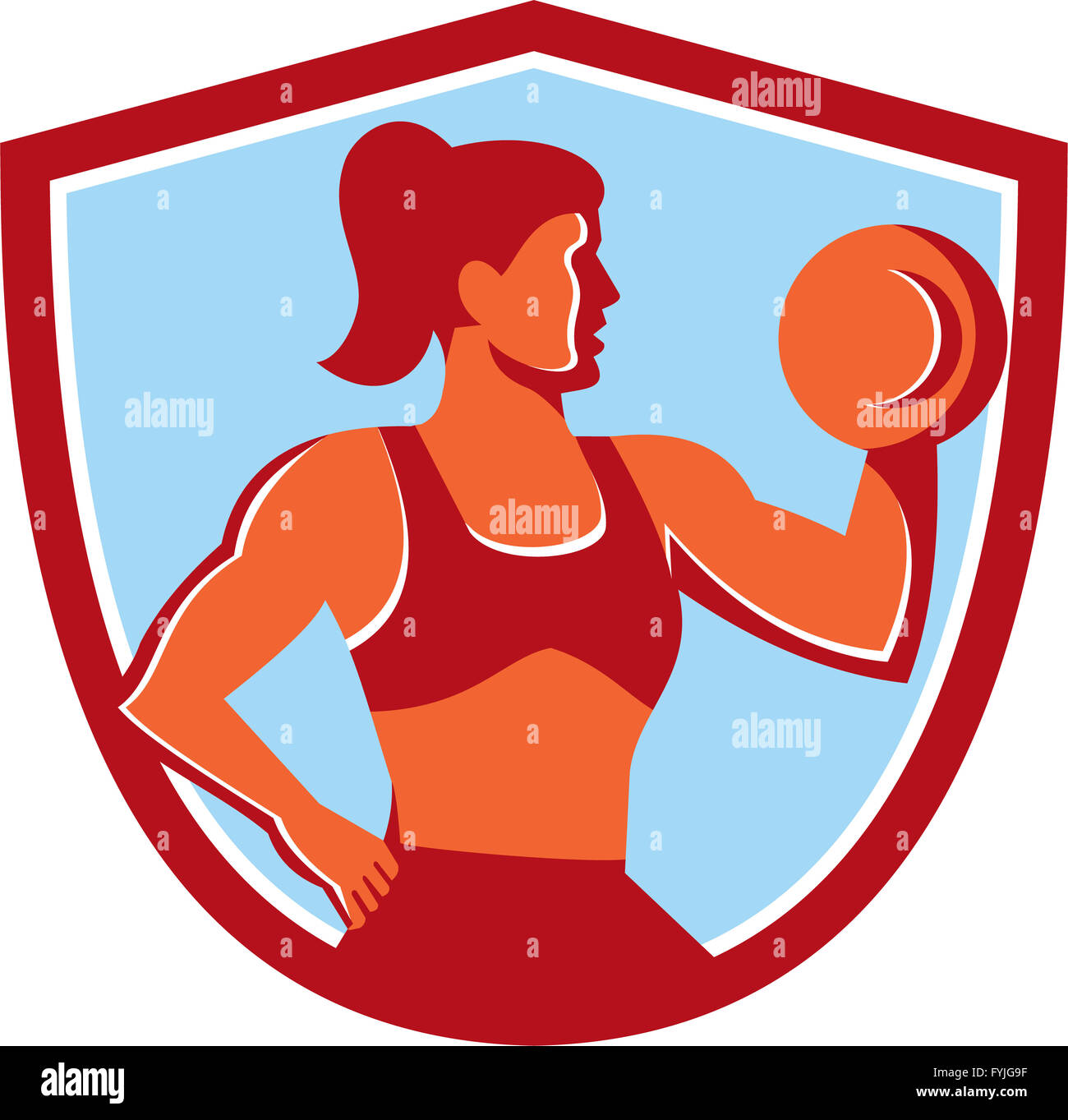Female Lifting Dumbbell Shield Retro Stock Photo - Alamy