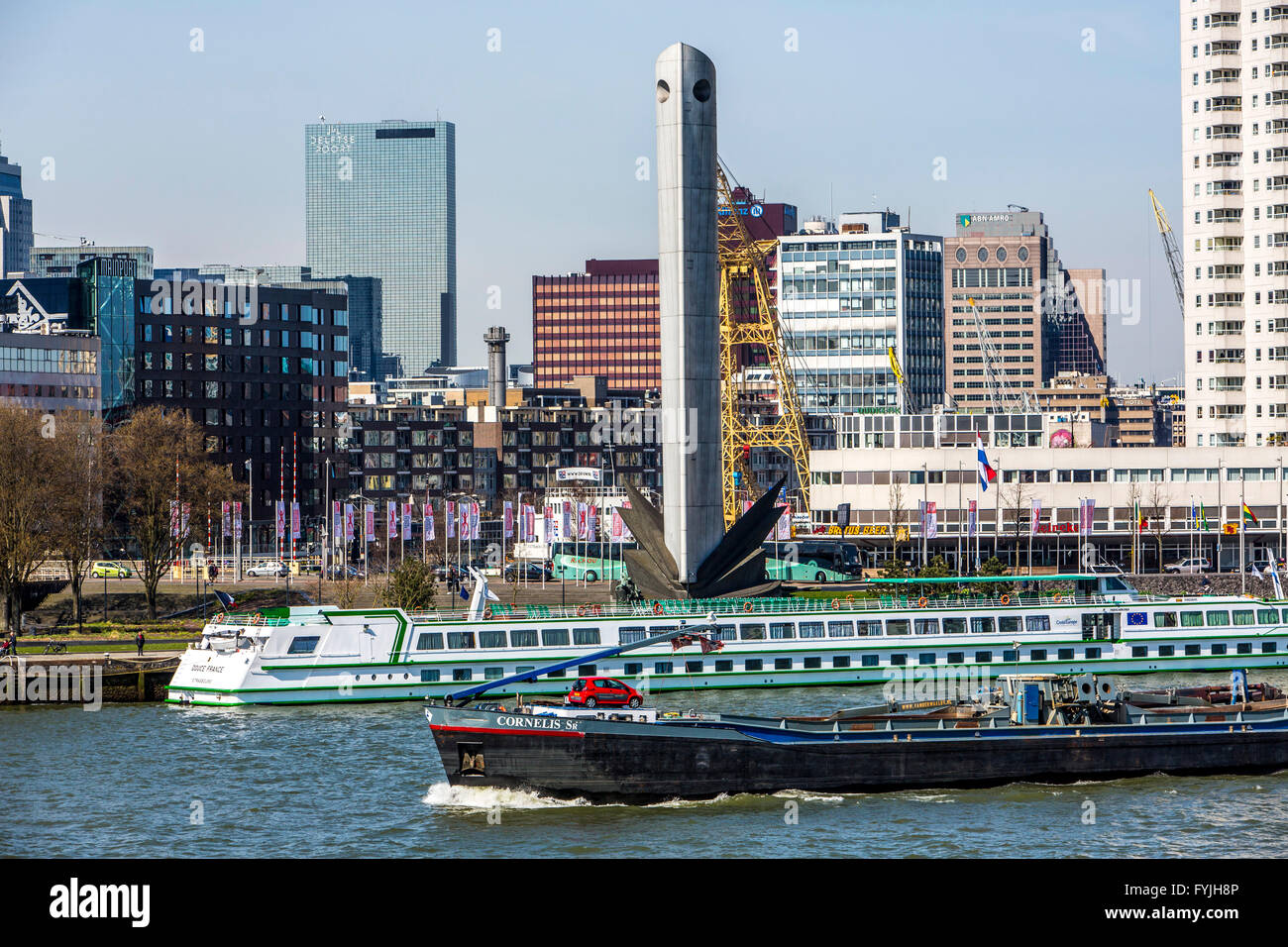 Skyline of downtown Rotterdam, The Netherlands, along river Nieuwe Maas ...