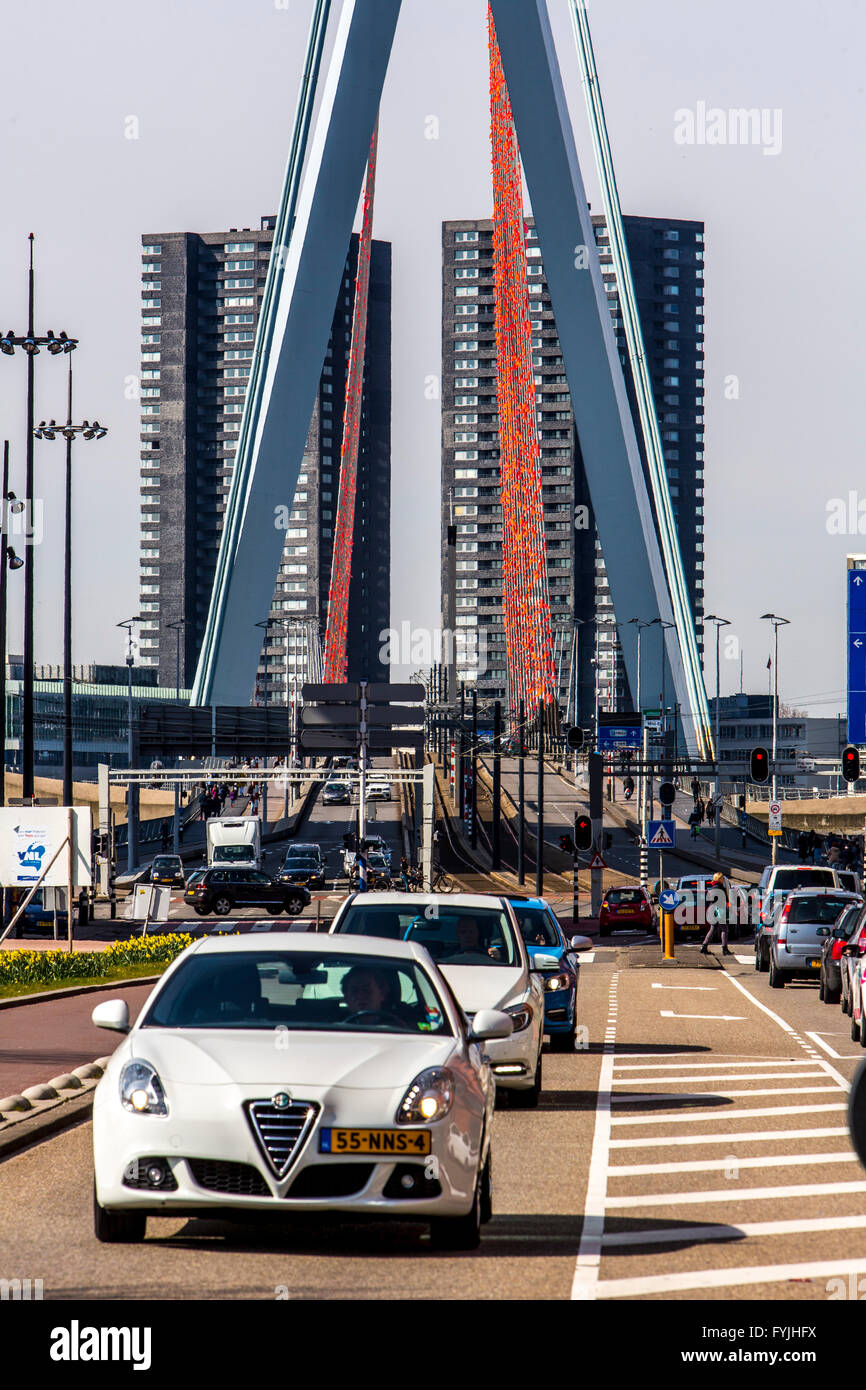 Erasmusbrug, bridge over the Nieuwe Maas, bike path, Rotterdam ...