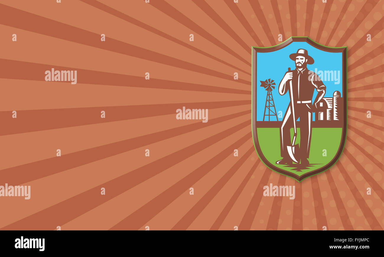 Farmer With Spade Windmill Farm Barn Retro Stock Photo - Alamy