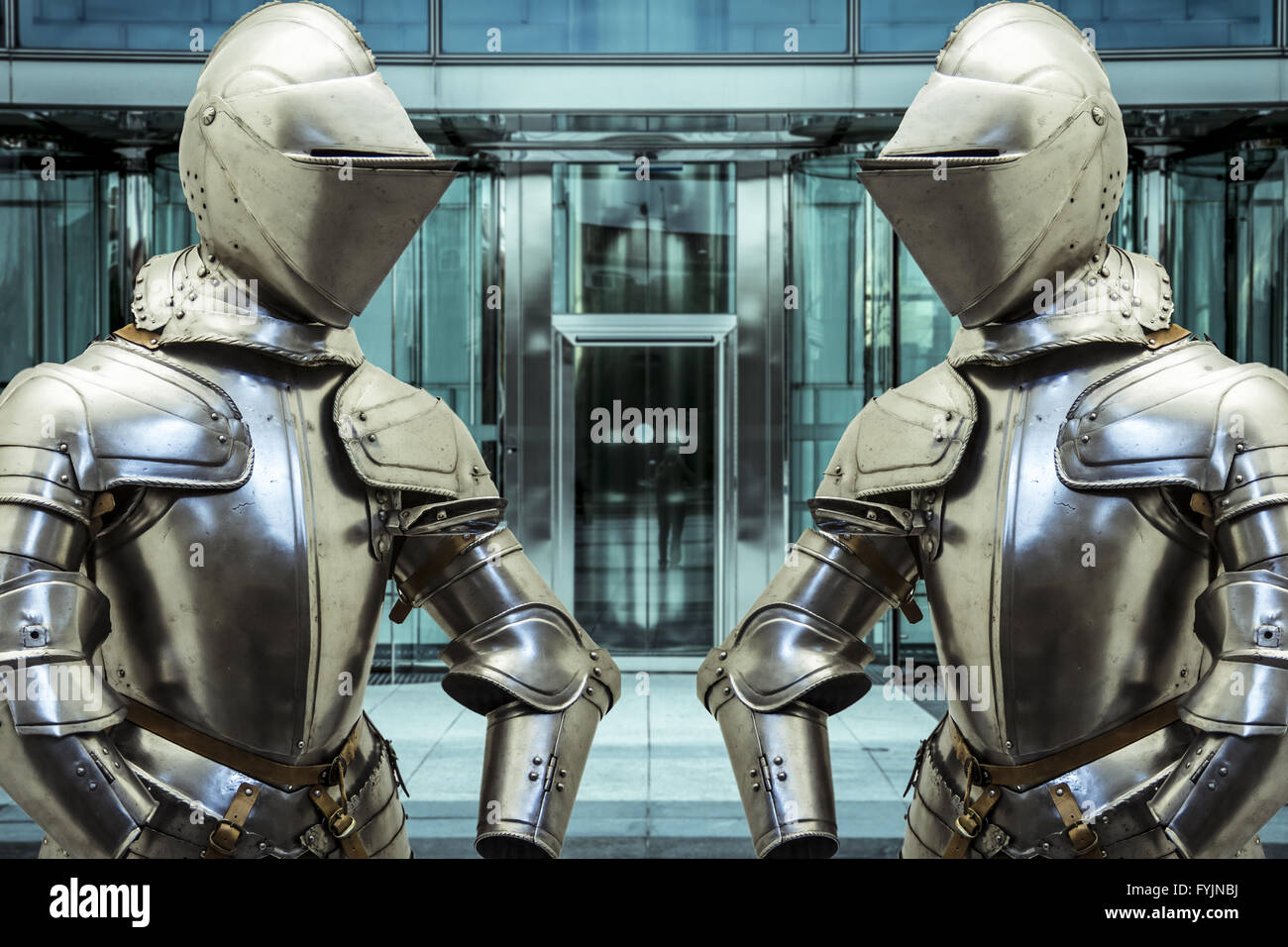 Safety.Medieval armor protecting a business building. Concept of ...