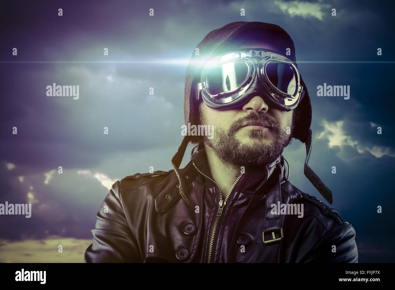 Flight, man dressed as pilot in helmet on clouds background. Vintage ...