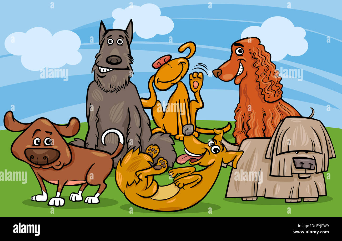 cute dogs group cartoon illustration Stock Photo - Alamy