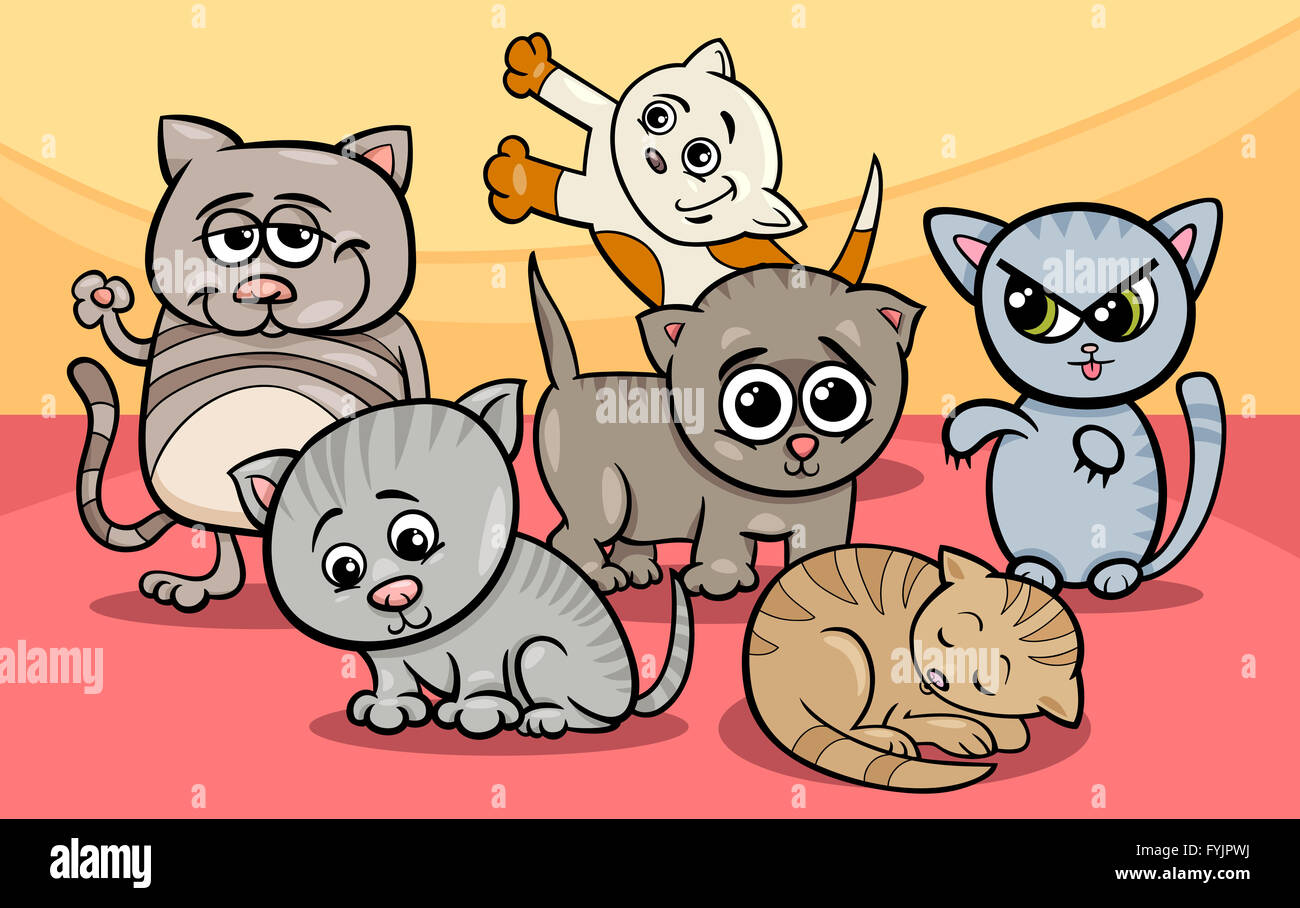 cute kittens group cartoon illustration Stock Photo - Alamy