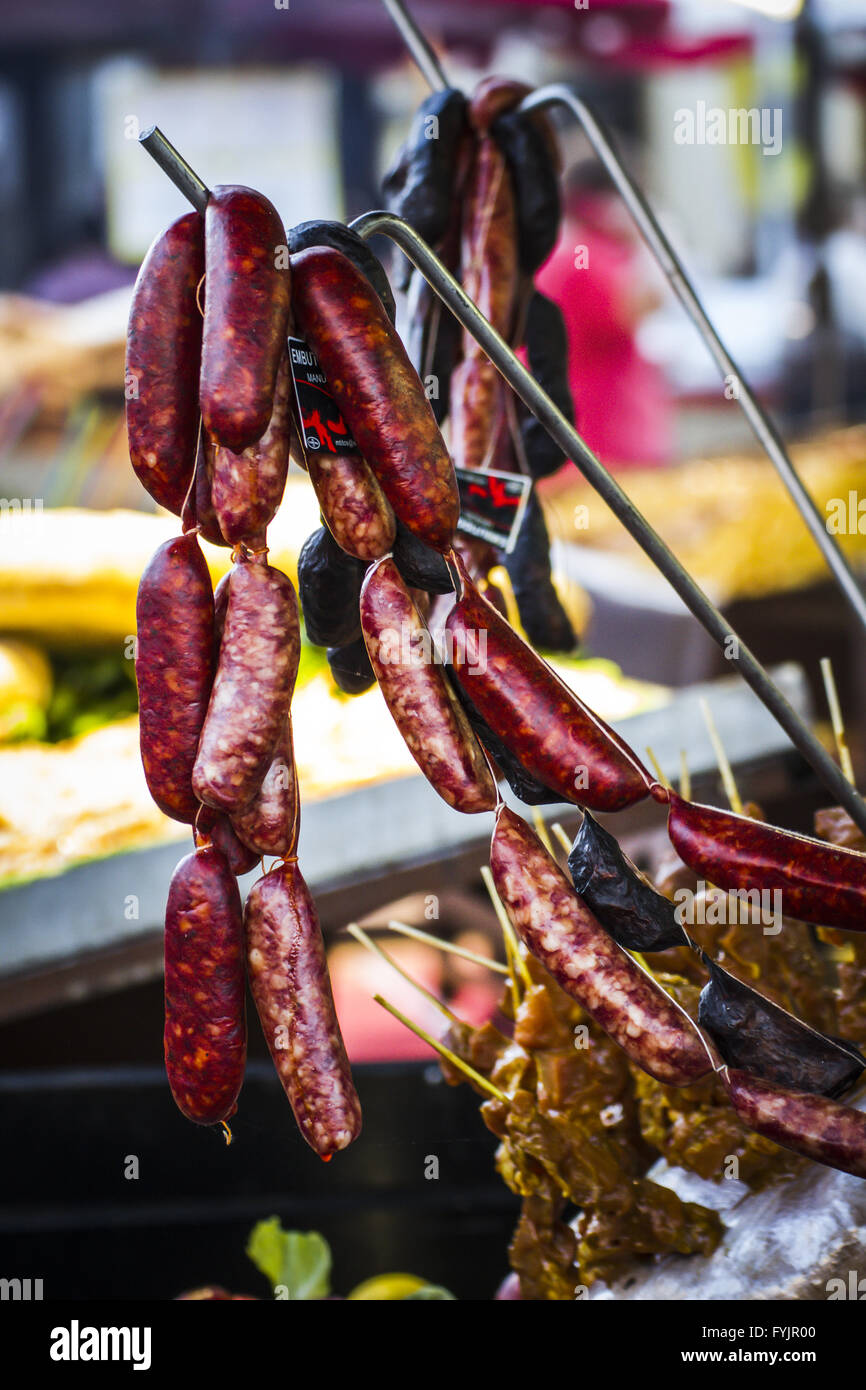 lots of sausages and chorizos in a medieval fair Stock Photo - Alamy