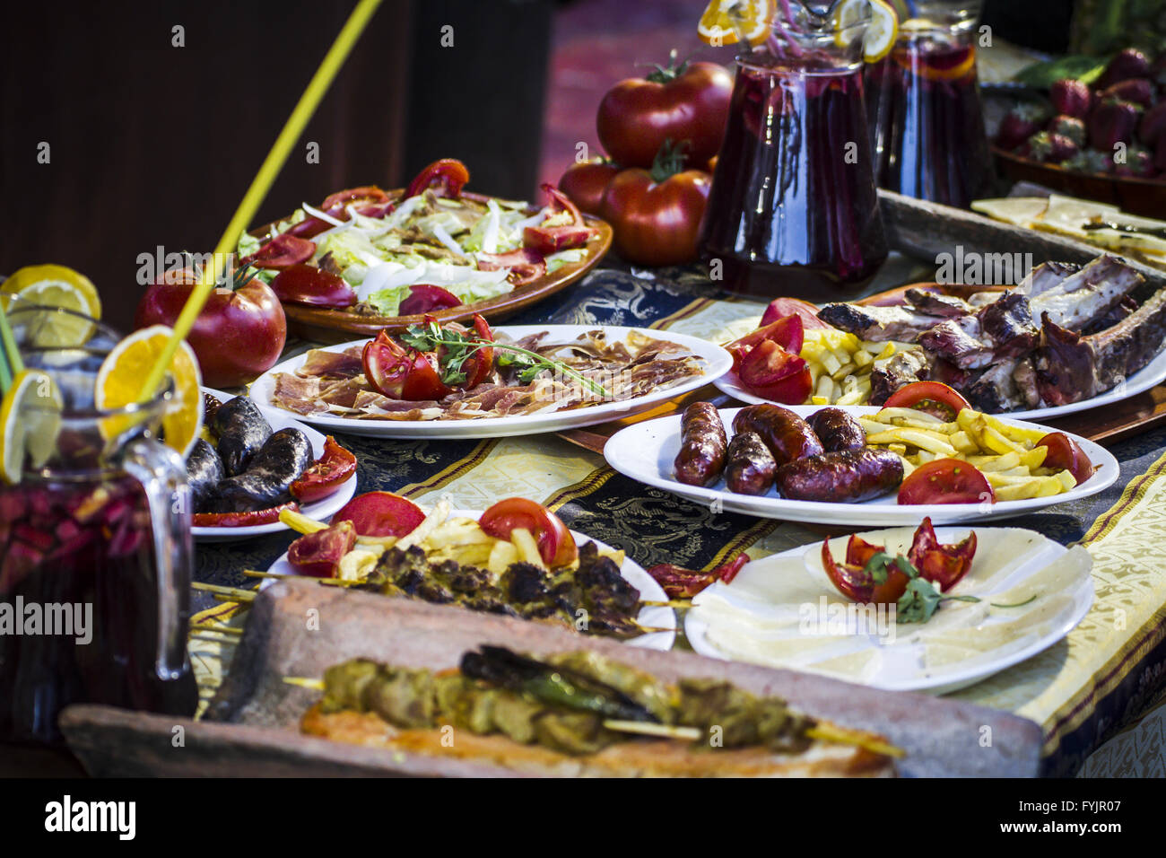 Mediterranean food plates, European cuisine, medieval fair in Spain ...