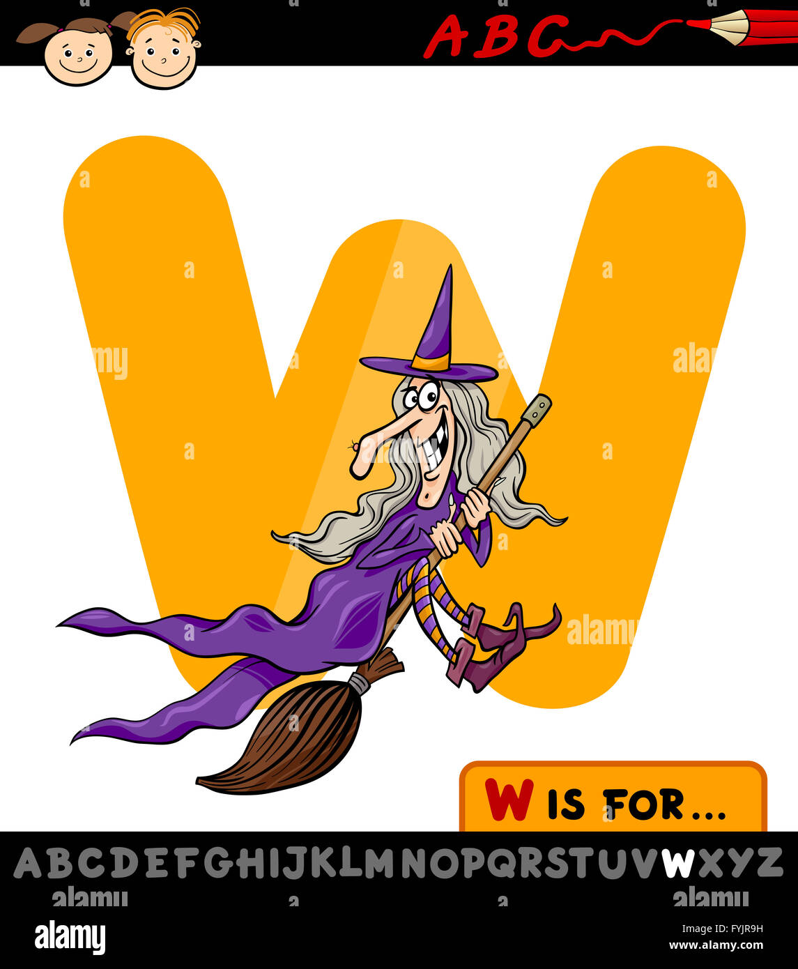 letter w with witch cartoon illustration Stock Photo - Alamy
