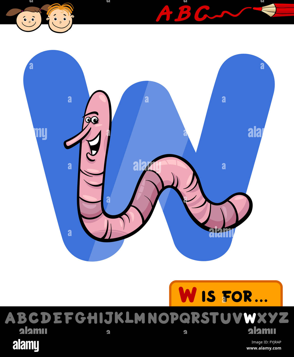letter w with worm cartoon illustration Stock Photo - Alamy