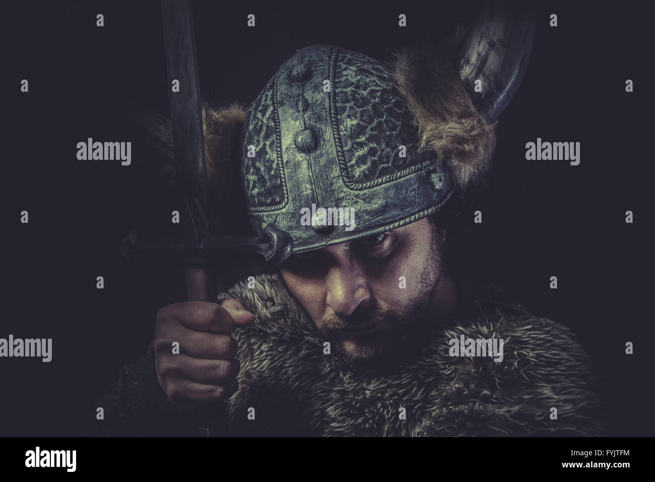 Leadership, Costume, Viking warrior with a huge sword and helmet with ...