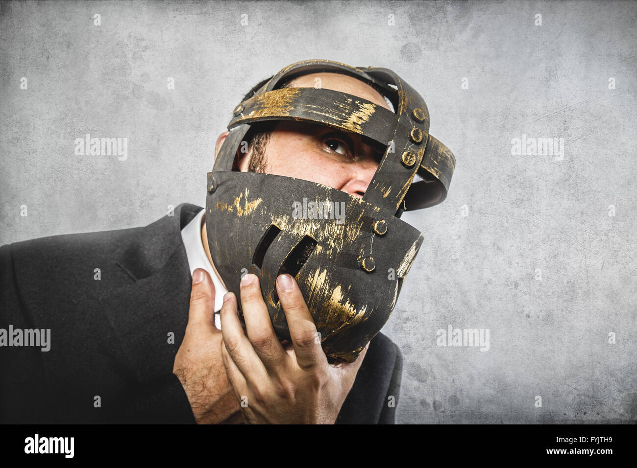 stress, dangerous business man with iron mask and expressions Stock ...