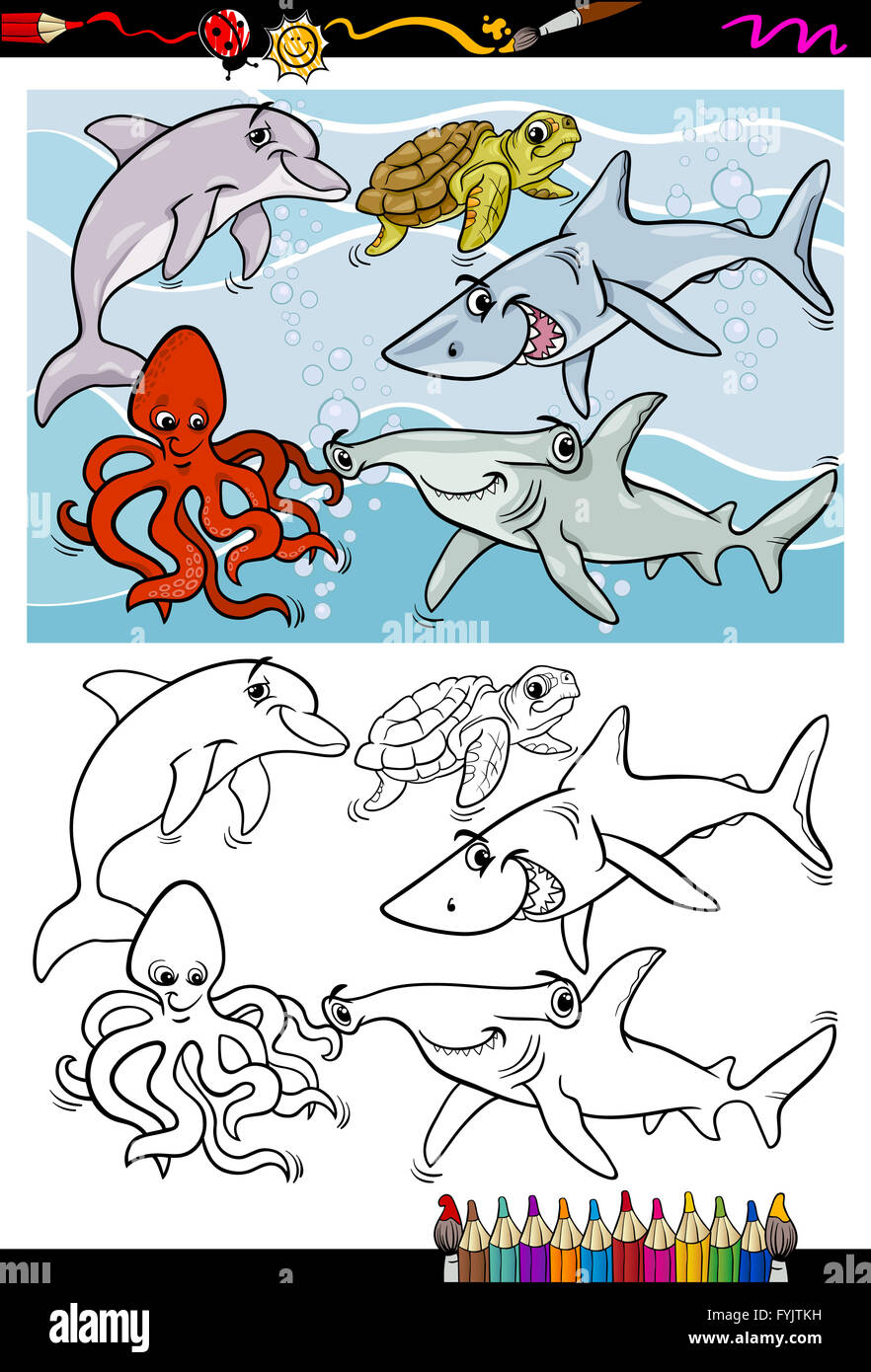 sea life animals cartoon coloring book Stock Photo - Alamy