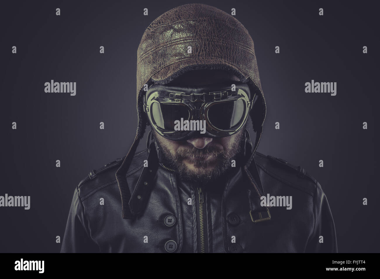 ww2 pilot dressed in vintage style leather cap and goggles Stock Photo ...