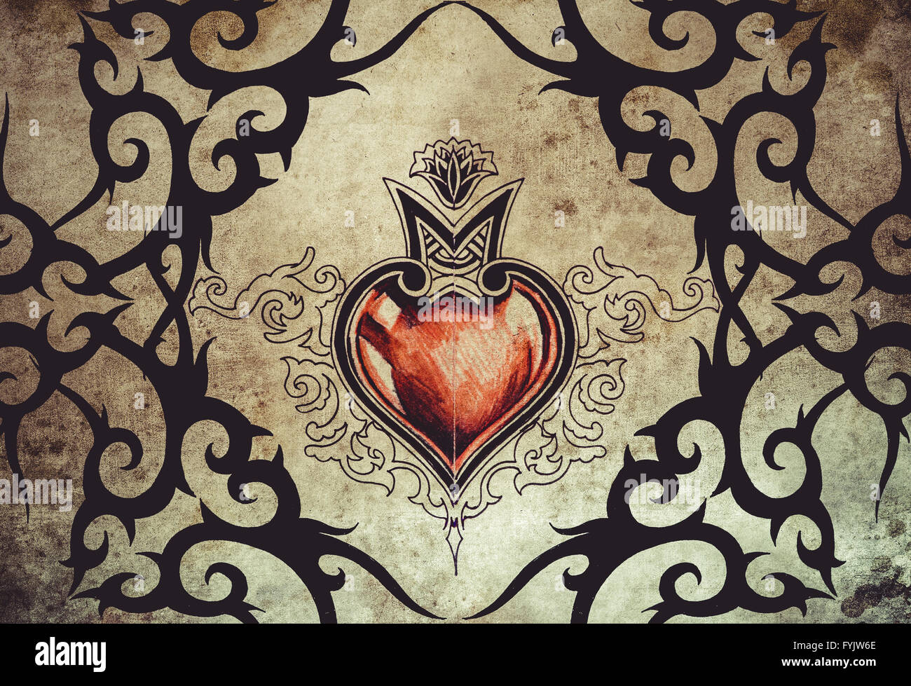 Tattoo art design, tribal with red heart Stock Photo - Alamy