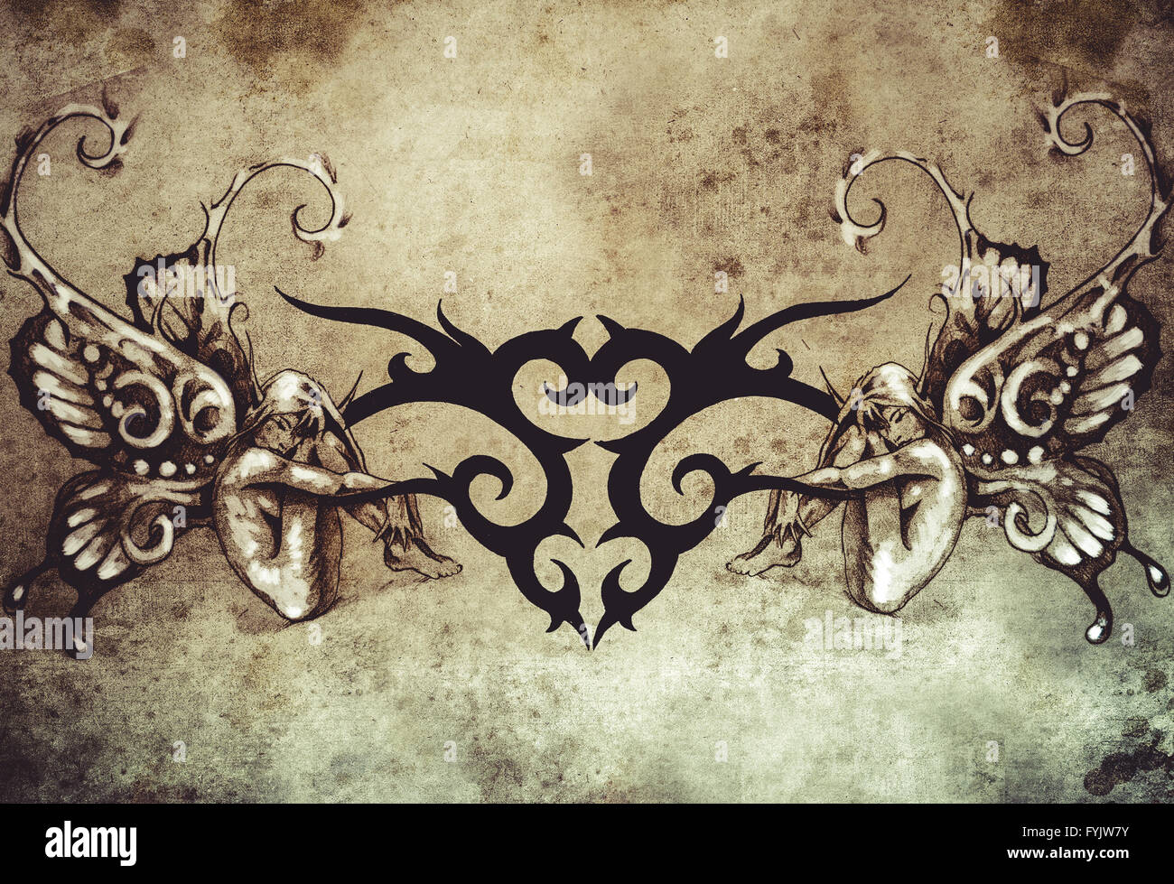 Tattoo art design, tribal with two nymphs on each side Stock Photo - Alamy
