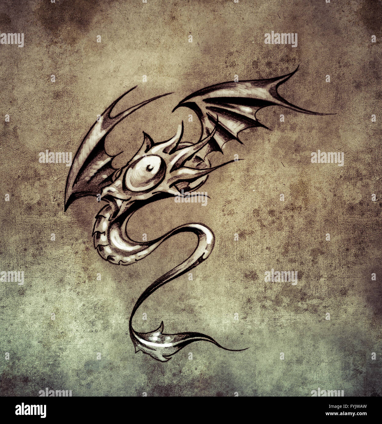 Funny little dragon. Sketch of tattoo art, stylish fantasy monster ...