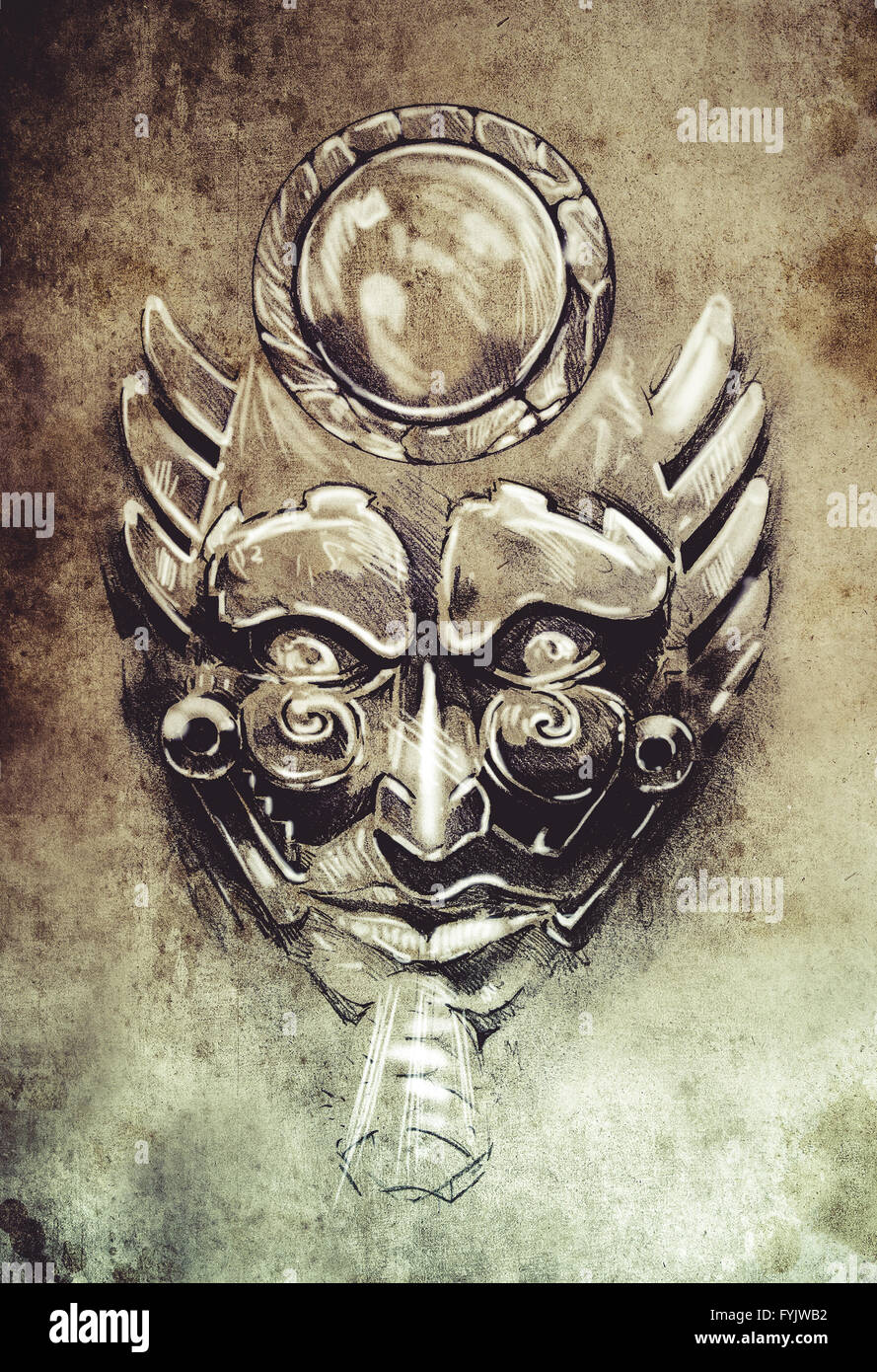 Mask, totem Tattoo sketch, handmade design over vintage paper Stock ...