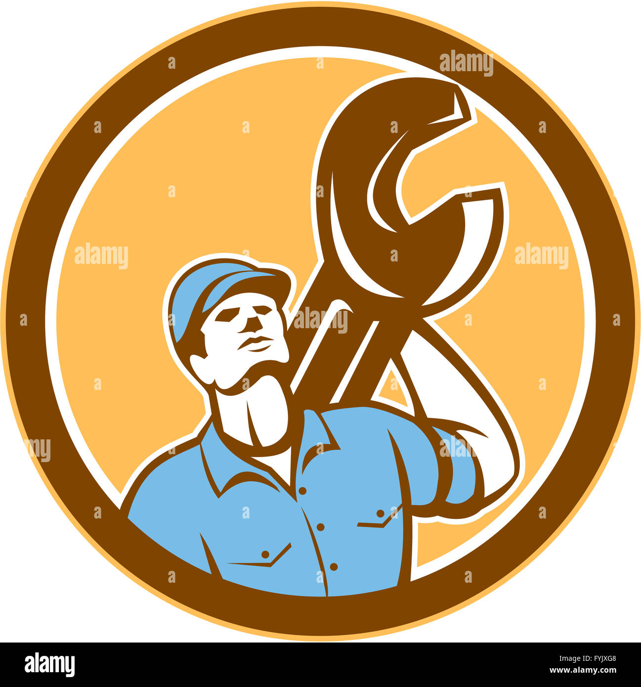 Mechanic Spanner Wrench Looking Up Retro Stock Photo - Alamy