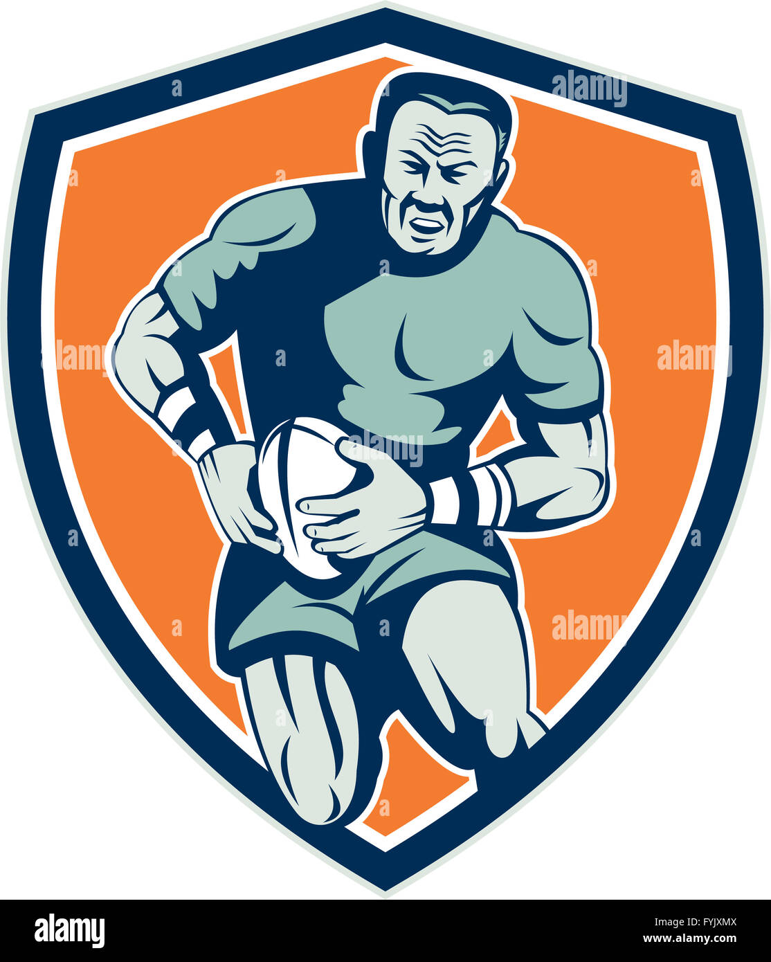 Rugby Player Running Attacking Shield Retro Stock Photo - Alamy