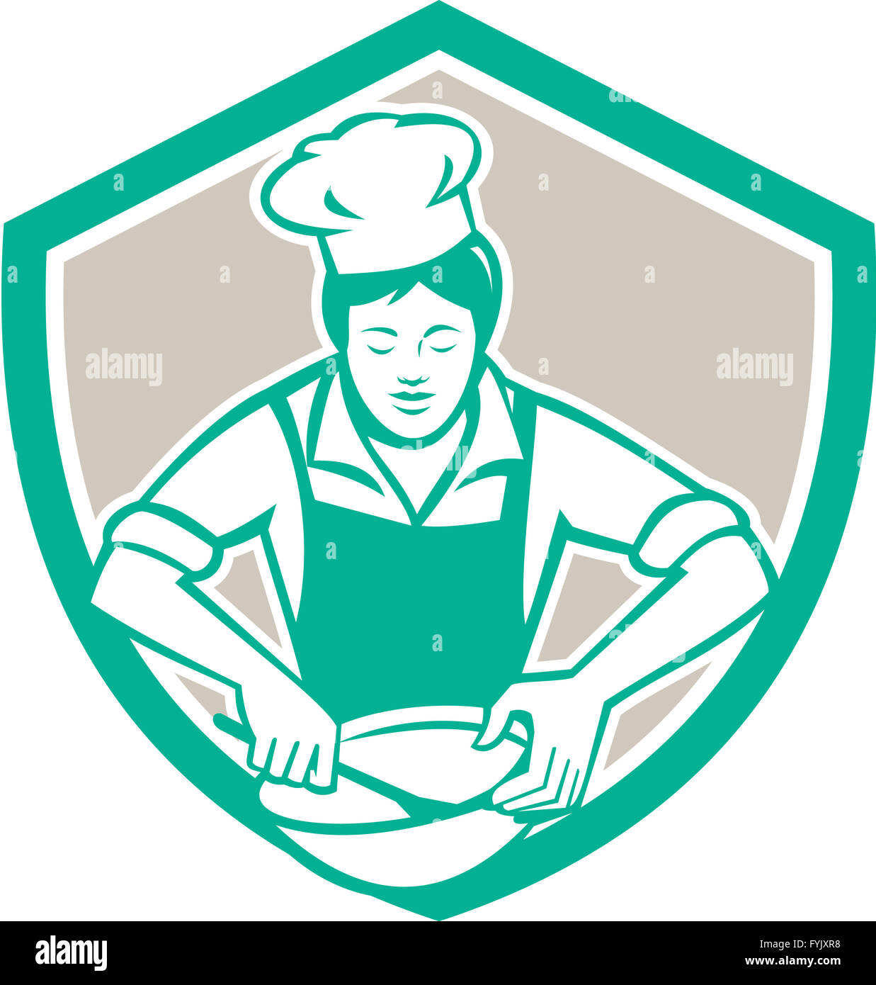 Female Chef Mixing Bowl Shield Retro Stock Photo - Alamy