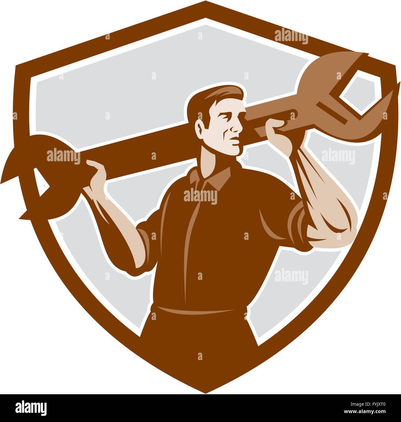 Mechanic Lifting Spanner Wrench Shield Retro Stock Photo - Alamy