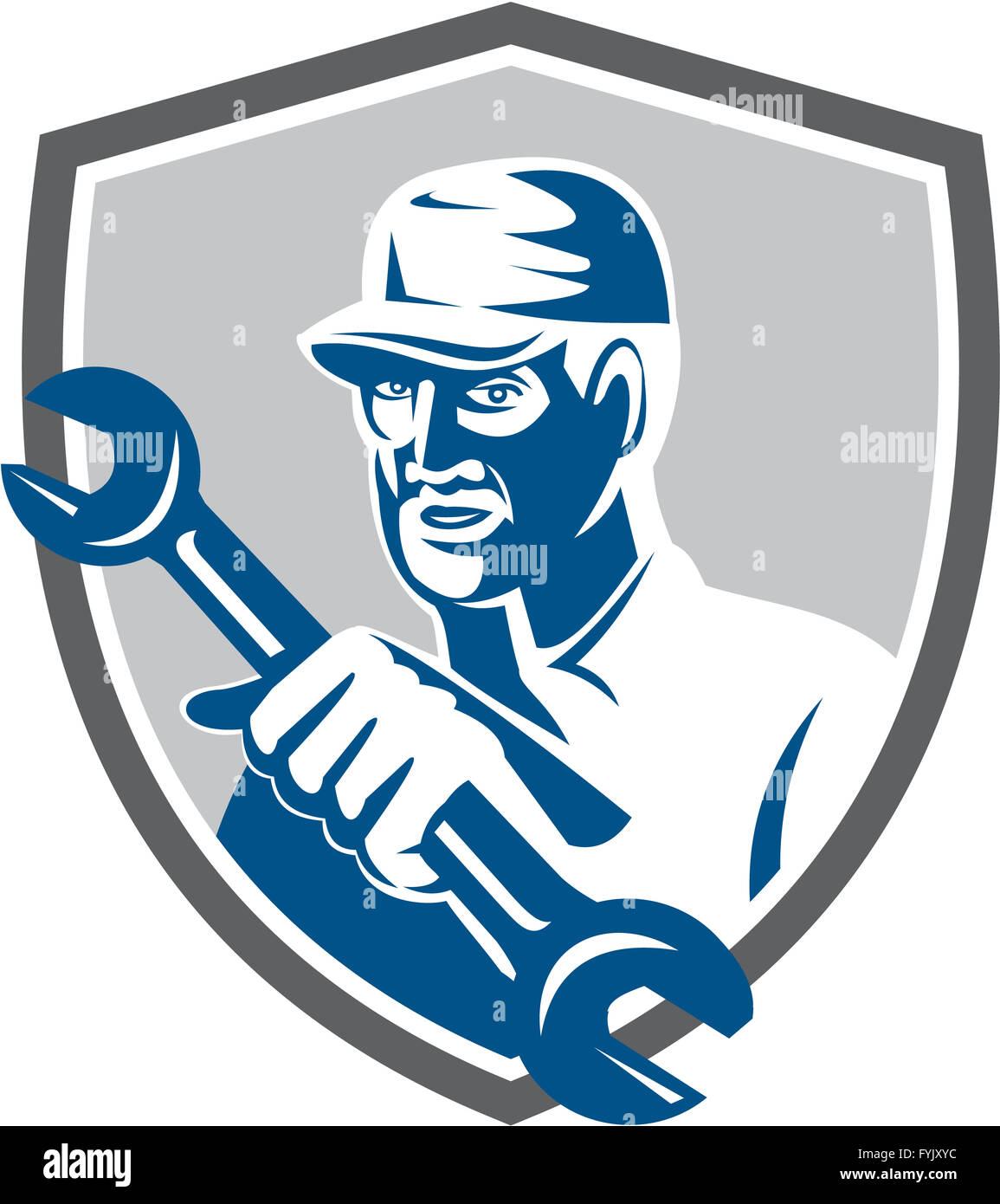 Mechanic Holding Spanner Wrench Shield Retro Stock Photo - Alamy