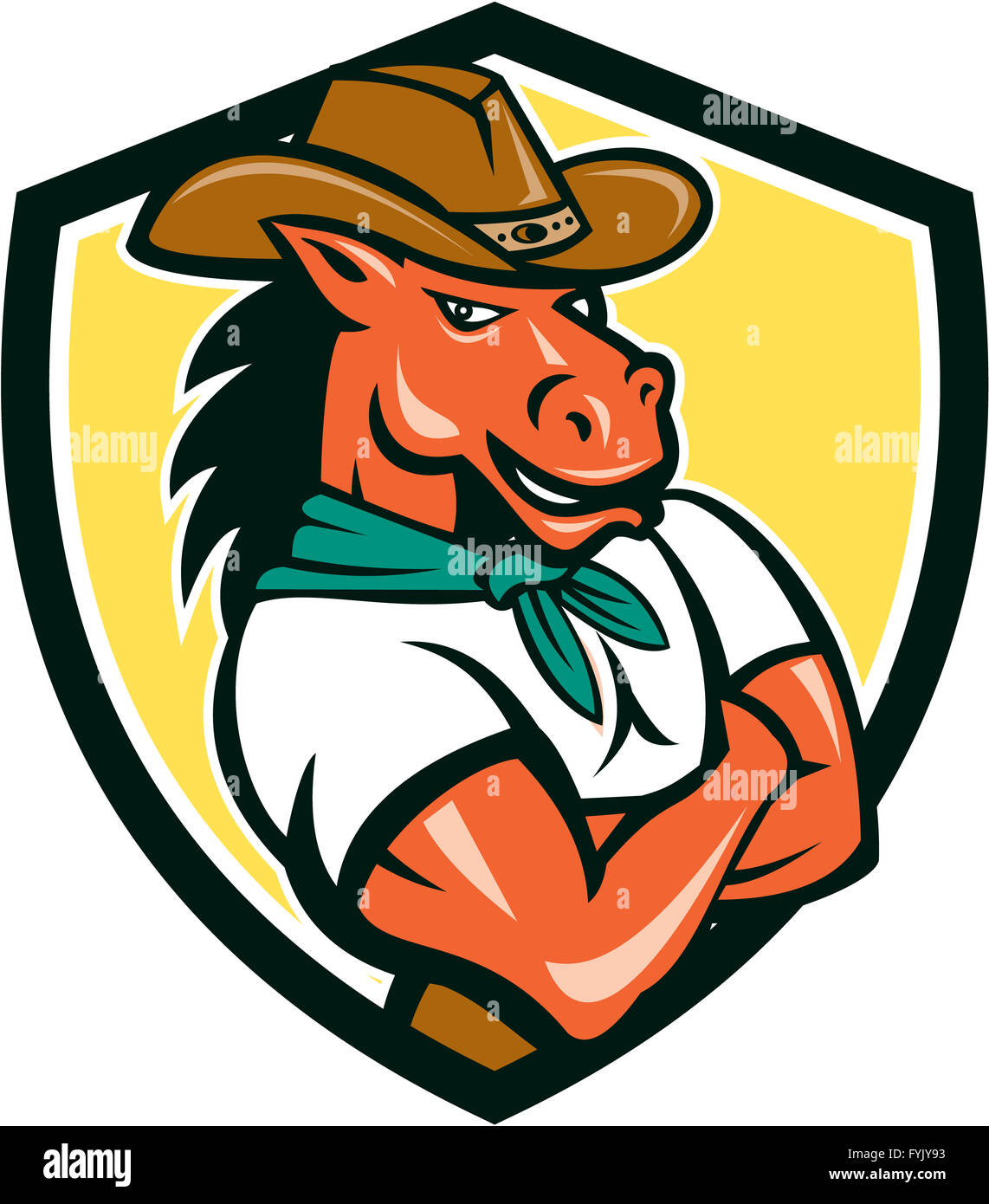 Cowboy Horse Arms Crossed Shield Cartoon Stock Photo - Alamy