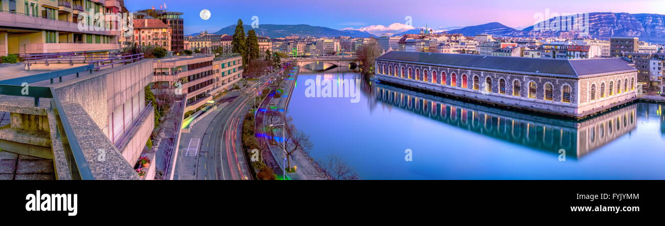 BFM, building and Rhone river, Geneva, Switzerland Stock Photo - Alamy