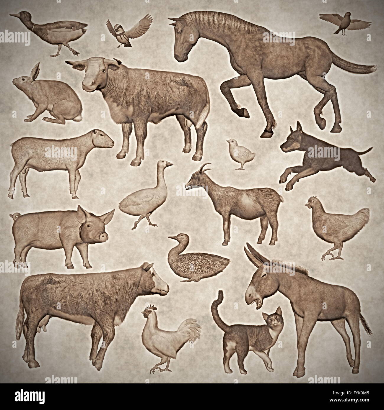 Set of farm animals vintage style - 3D render Stock Photo - Alamy