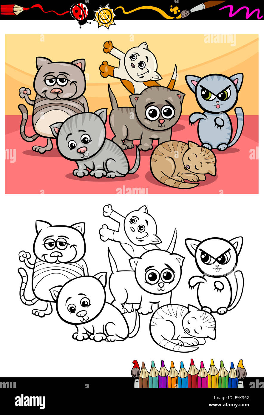 kittens group cartoon coloring book Stock Photo - Alamy