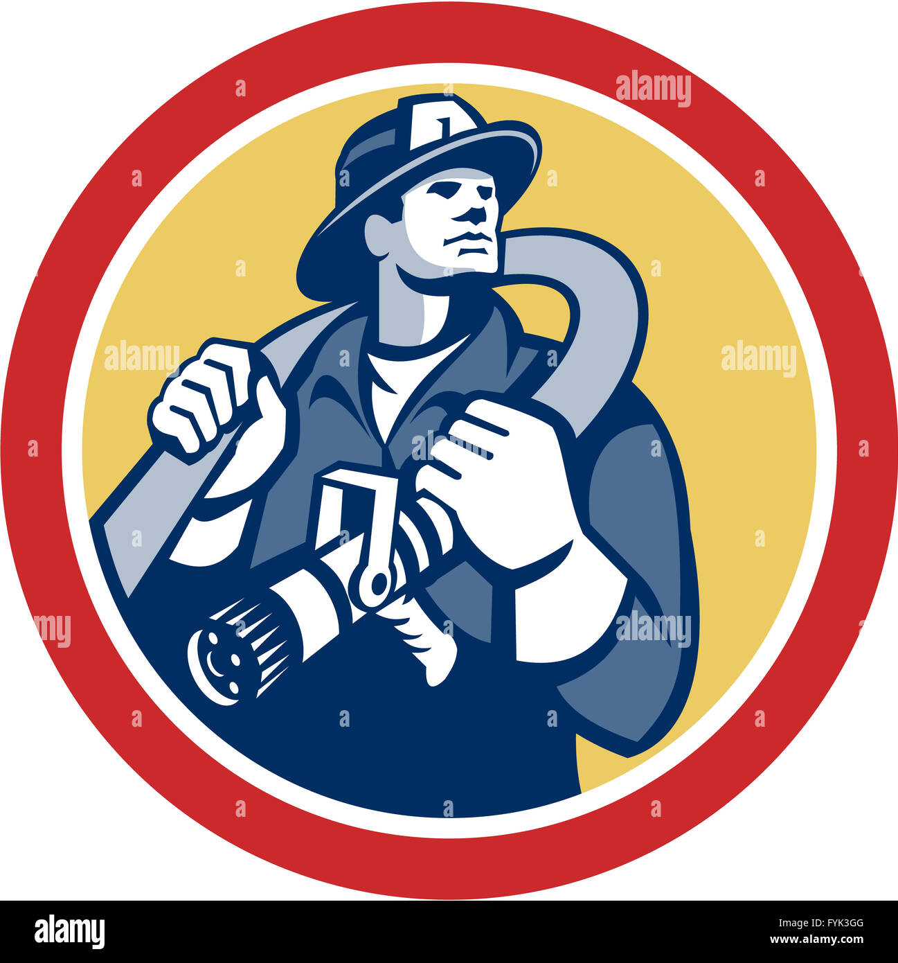 Fireman Firefighter Holding Fire Hose Retro Stock Photo - Alamy