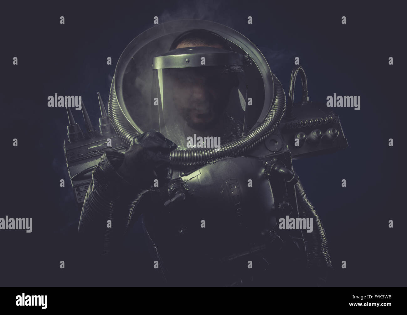 Techno, robot man in space armor silver Stock Photo - Alamy
