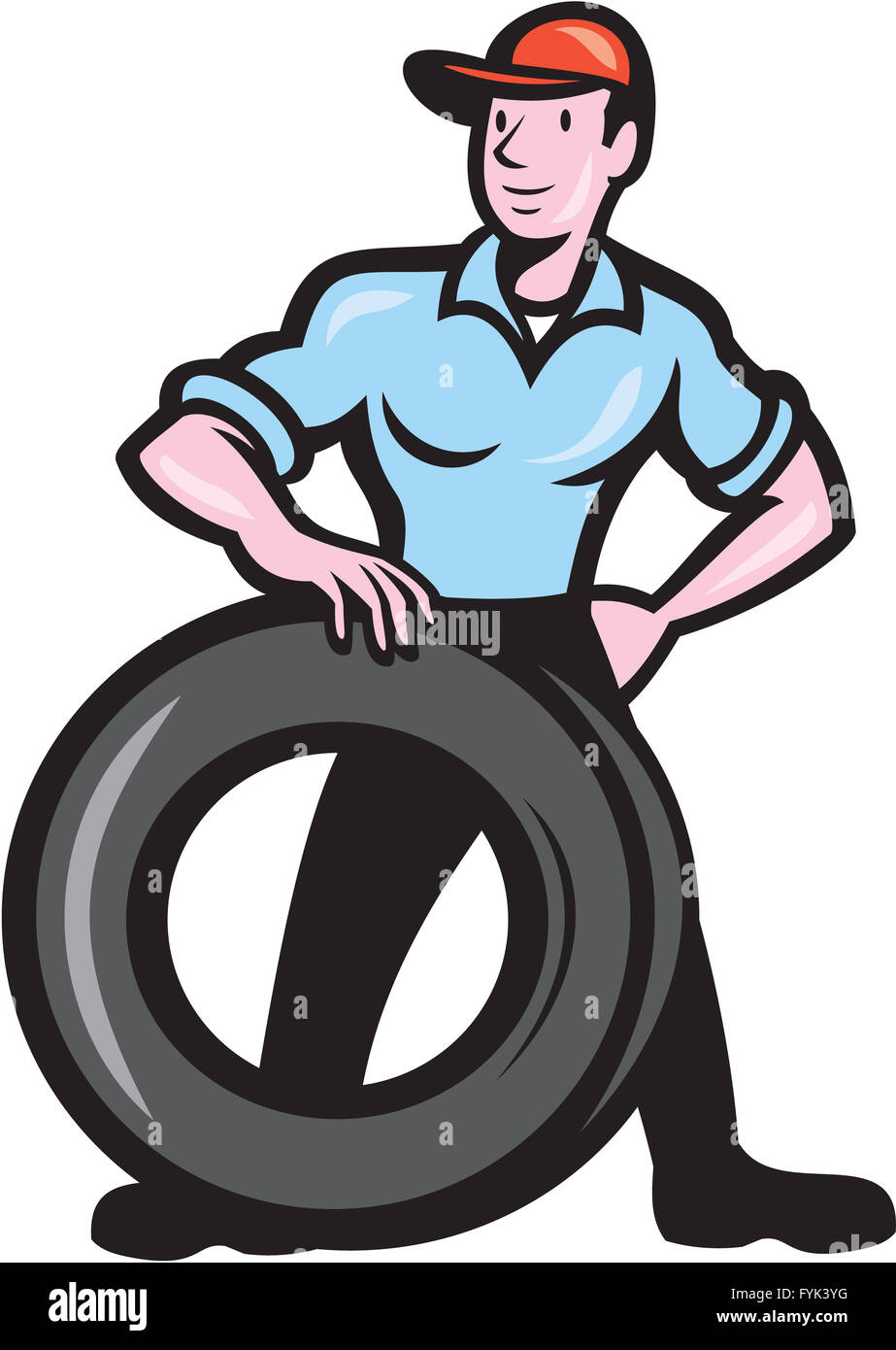 Tireman Mechanic With Tire Cartoon Isolated Stock Photo - Alamy