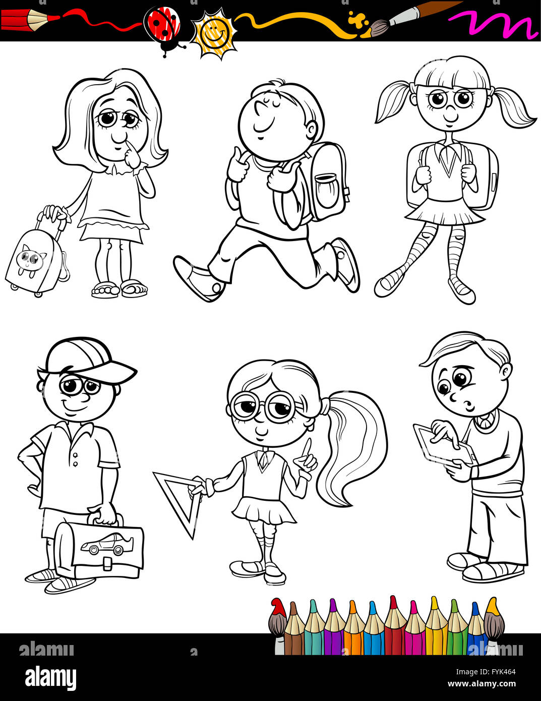 school kids group cartoon coloring book Stock Photo - Alamy